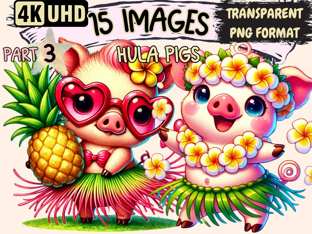 Hula Pigs (P3) Clipart - 15 PNG Dancing Pig Illustrations, Tropical ...