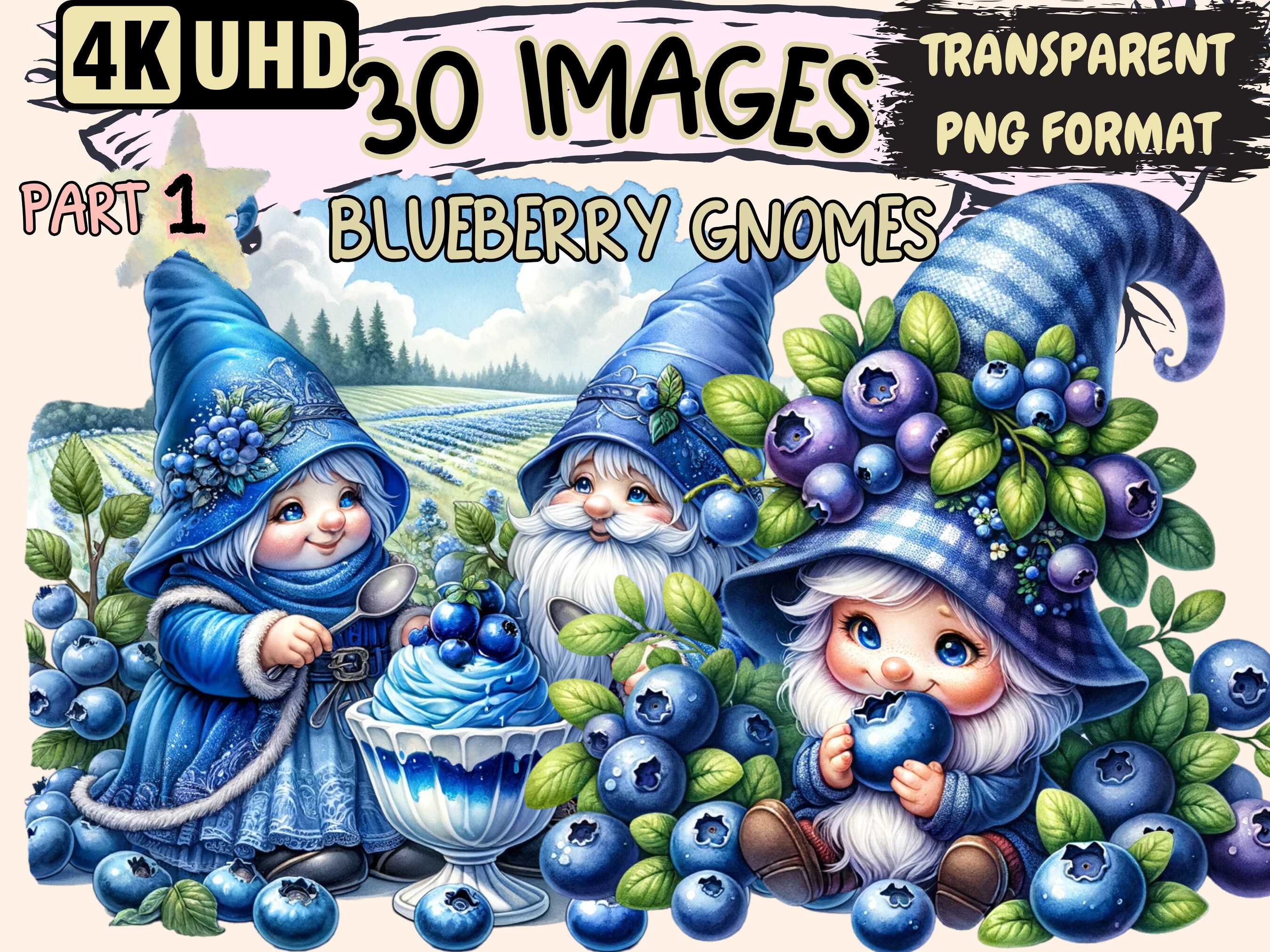 Blueberry Gnomes Clipart Bundle 30 PNG Cute Gnome Graphics, Adorable ...