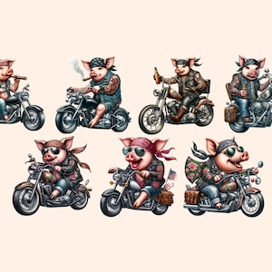 Biker Pigs Clipart Bundle - 19 PNG Motorcycle Piggy Graphics, Heavy ...