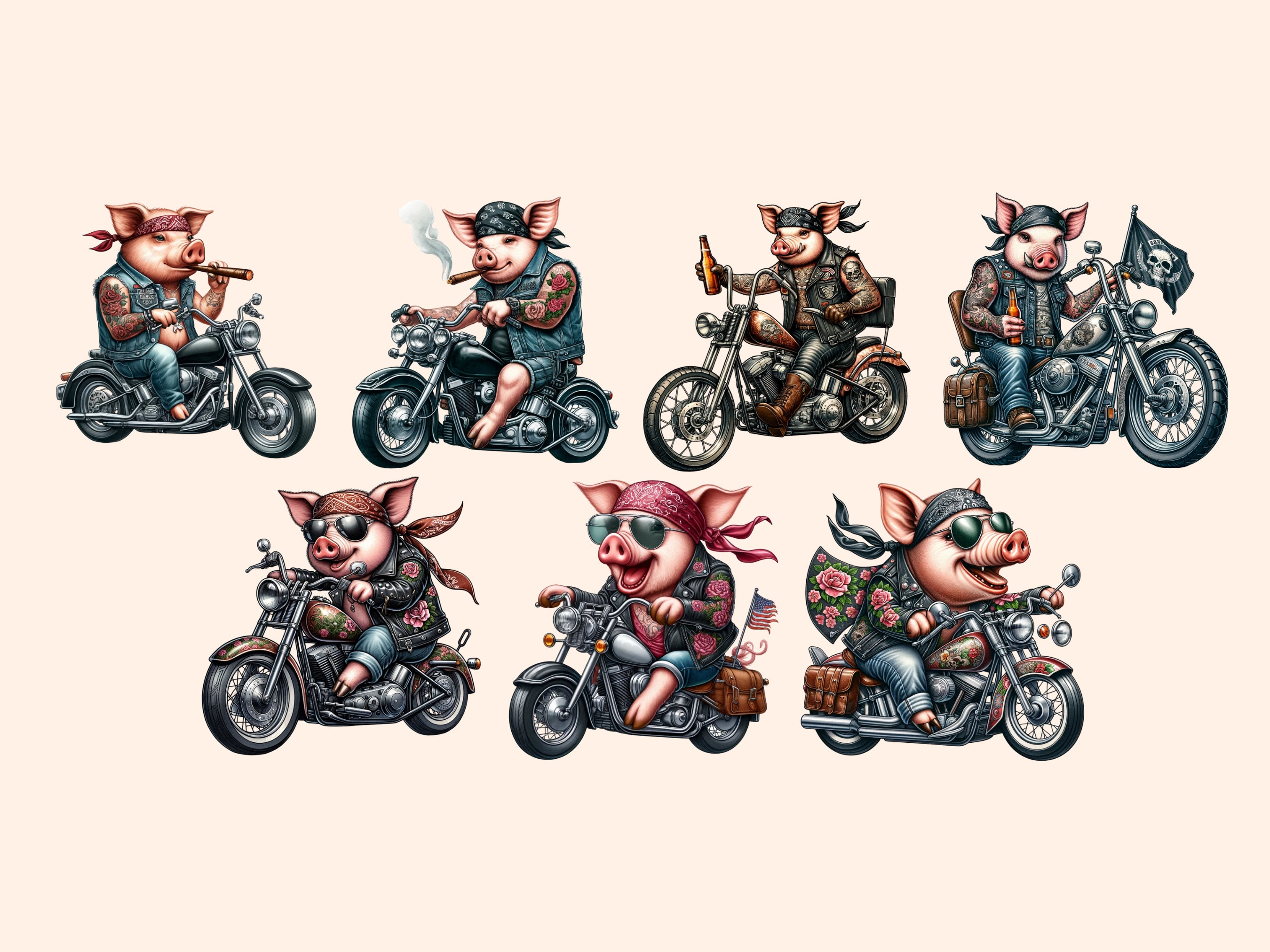 Biker Pigs Clipart Bundle 19 PNG Motorcycle Piggy Graphics, Heavy Metal ...