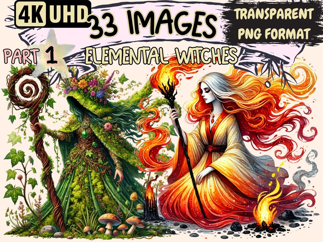 Elemental Witches Clipart - 33 PNG Mystical Witch Illustrations ...