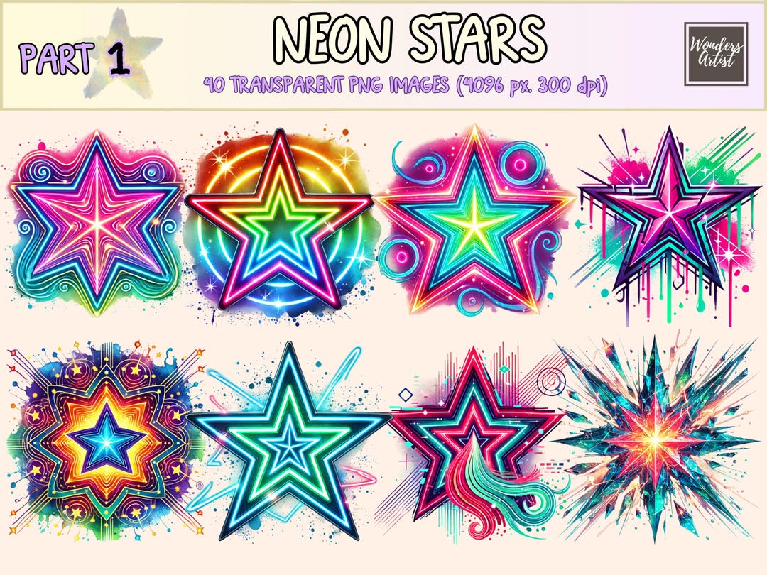 Neon Stars Clipart – 40 Glowing PNG Graphics (digital Download) - Etsy