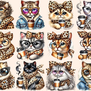 Leopard Print Cats Clipart – 35 PNG Stylish Illustrations (digital ...