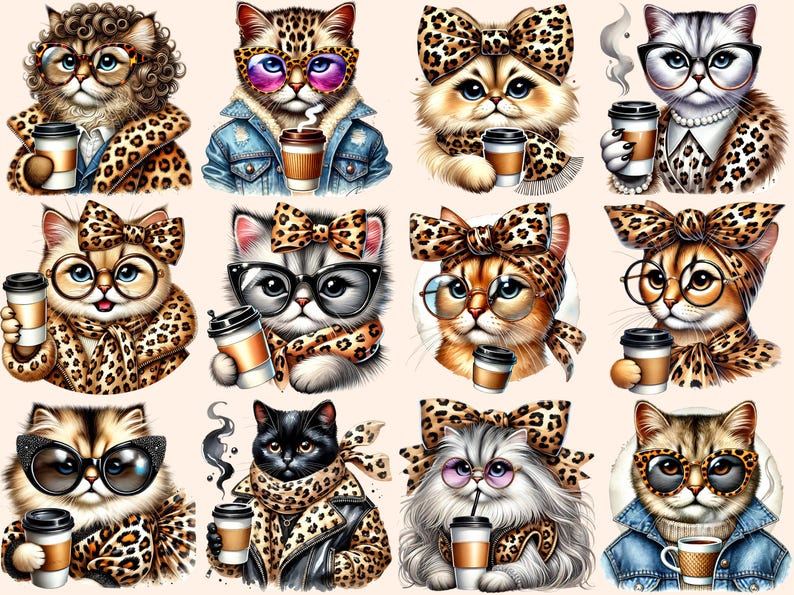Leopard Print Cats Clipart – 35 PNG Stylish Illustrations (digital ...