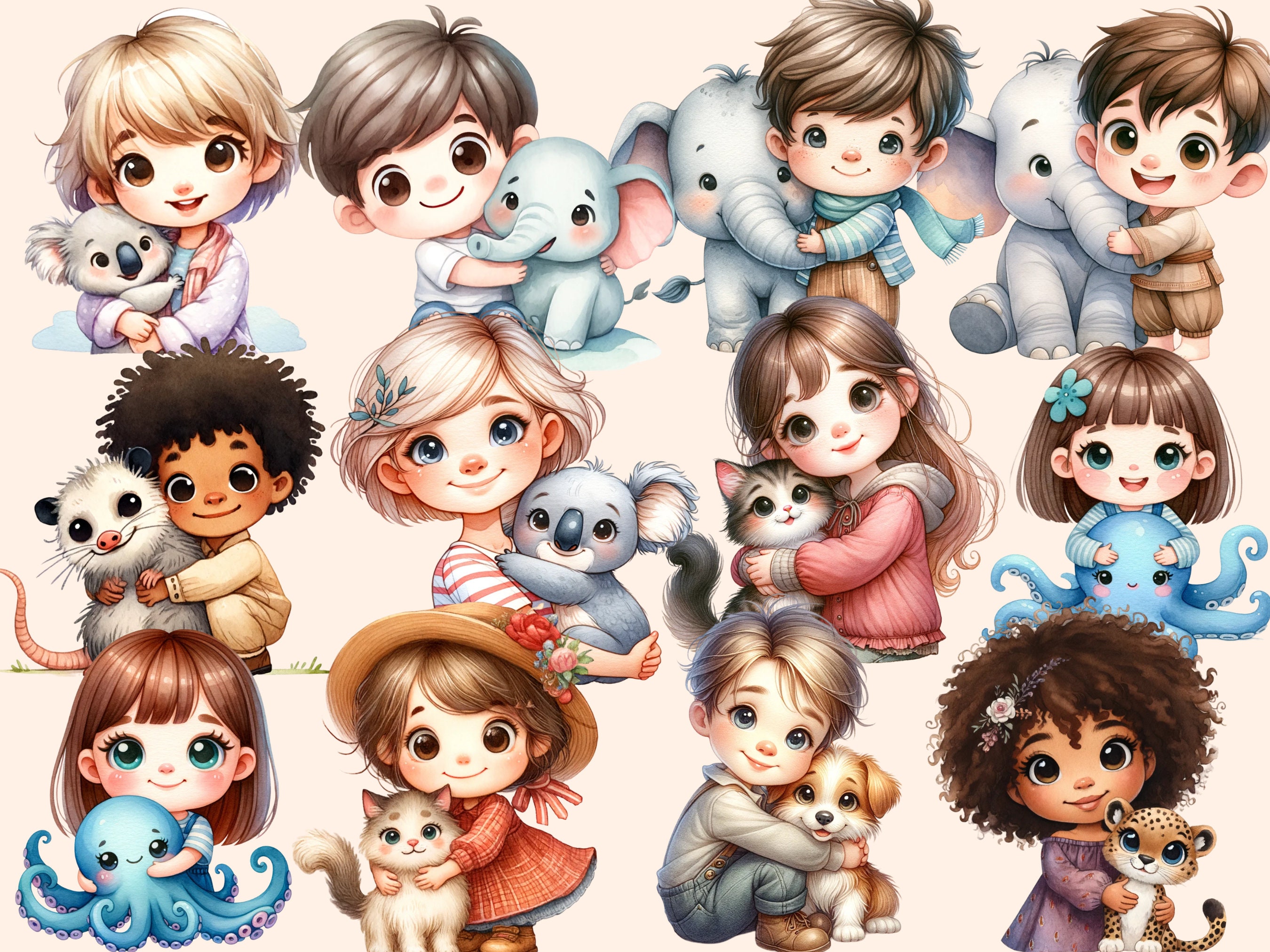 Animal Hugs Clipart Bundle - 20 PNG Adorable Pet Graphics, Cute Animal ...