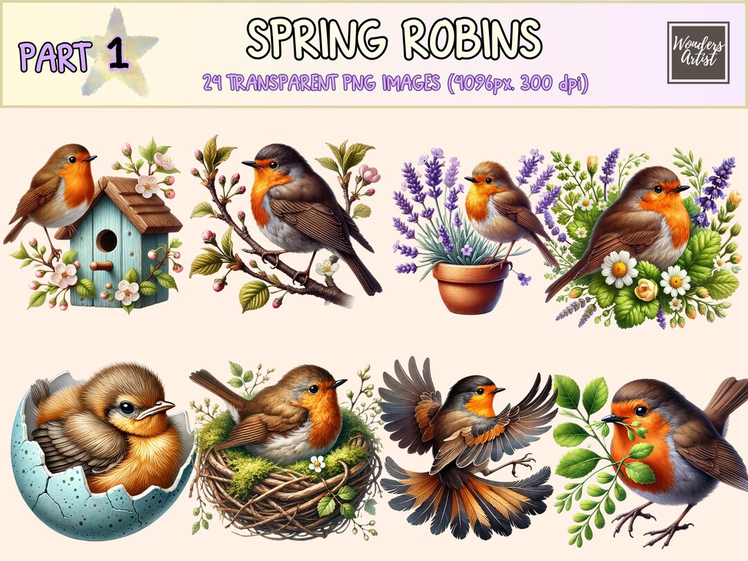 Spring Robins (P1) Clipart - 24 PNG Cute Springtime Bird Graphics ...