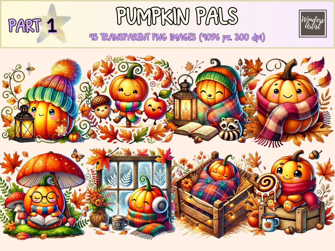Pumpkin Pals Clipart - 45 PNG Cute Autumn Graphics, Friendly Fall ...
