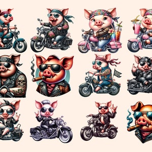 Biker Pigs Clipart Bundle - 19 PNG Motorcycle Piggy Graphics, Heavy ...