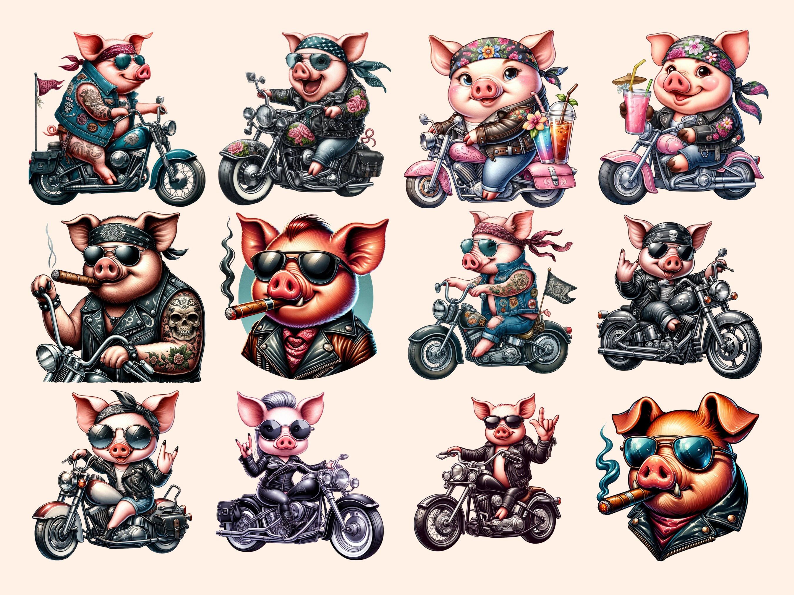 Biker Pigs Clipart Bundle – Motorcycle Piggy Graphics (digital Download ...
