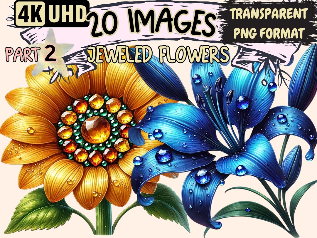 Jeweled Flowers Clipart – 20 PNG Elegant Gem Illustrations (digital ...