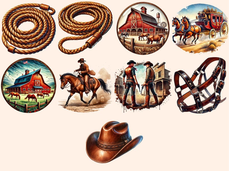 Western Cowboy Clipart – Wild West Ranch PNG Illustrations (digital ...