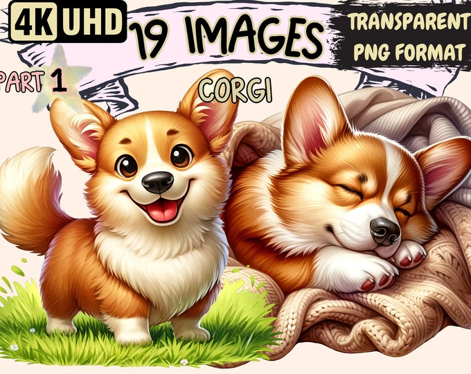 Corgi Clipart Bundle - 19 PNG Cute Baby Dog Images, Adorable Little Pet ...