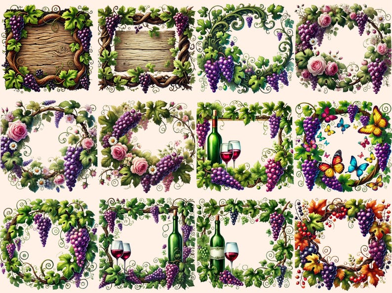 Grapevine Frames Clipart – 27 Vine-themed PNG Illustrations (digital ...