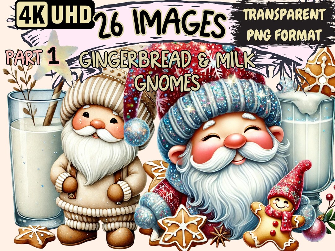 Gingerbread & Milk Gnomes Clipart - 26 PNG Festive Gnome Illustrations ...