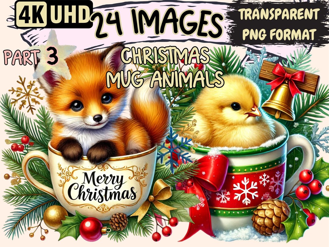Christmas Mug Animals Clipart – Holiday PNG Illustrations (digital ...