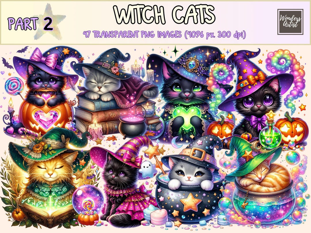 Witch Cats Clipart – 47 Magical Halloween PNG Illustrations (digital ...