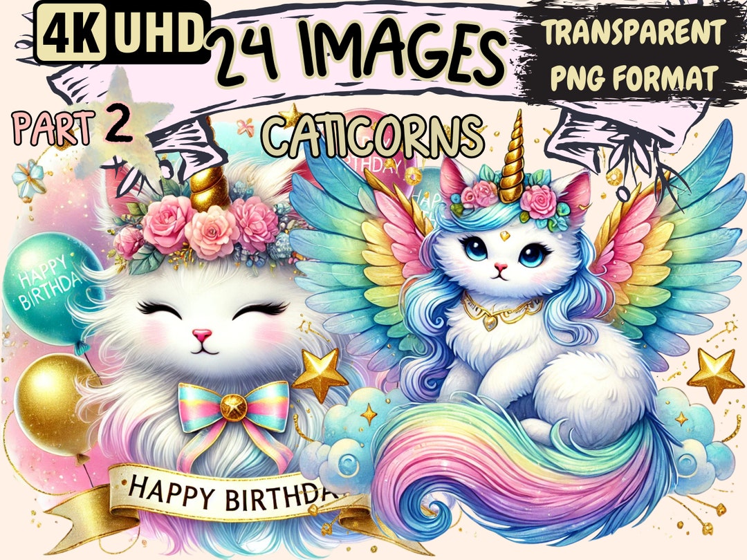 Caticorns (P2) Clipart - 24 PNG Magical Cat Unicorn Graphics, Whimsical ...