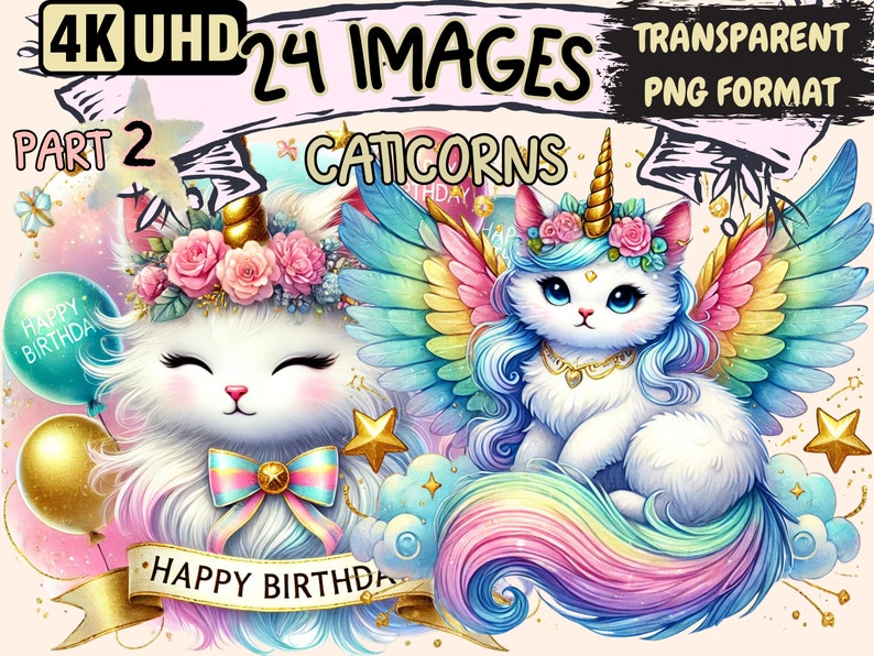 Caticorns Clipart – 24 PNG Magical Cat Unicorn Graphics (digital ...