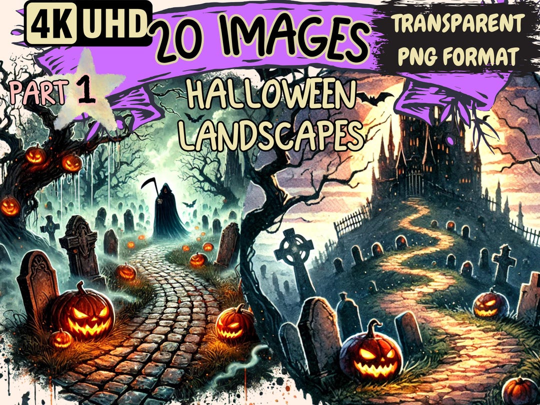 Halloween Landscapes Clipart - 20 PNG Spooky Scene Illustrations ...