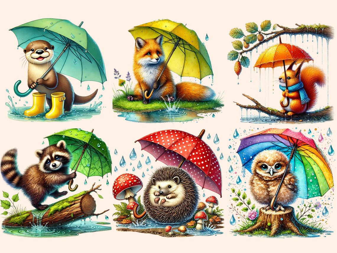 Rainy Day Animals Clipart – 30 PNG Illustrations (digital Download) - Etsy