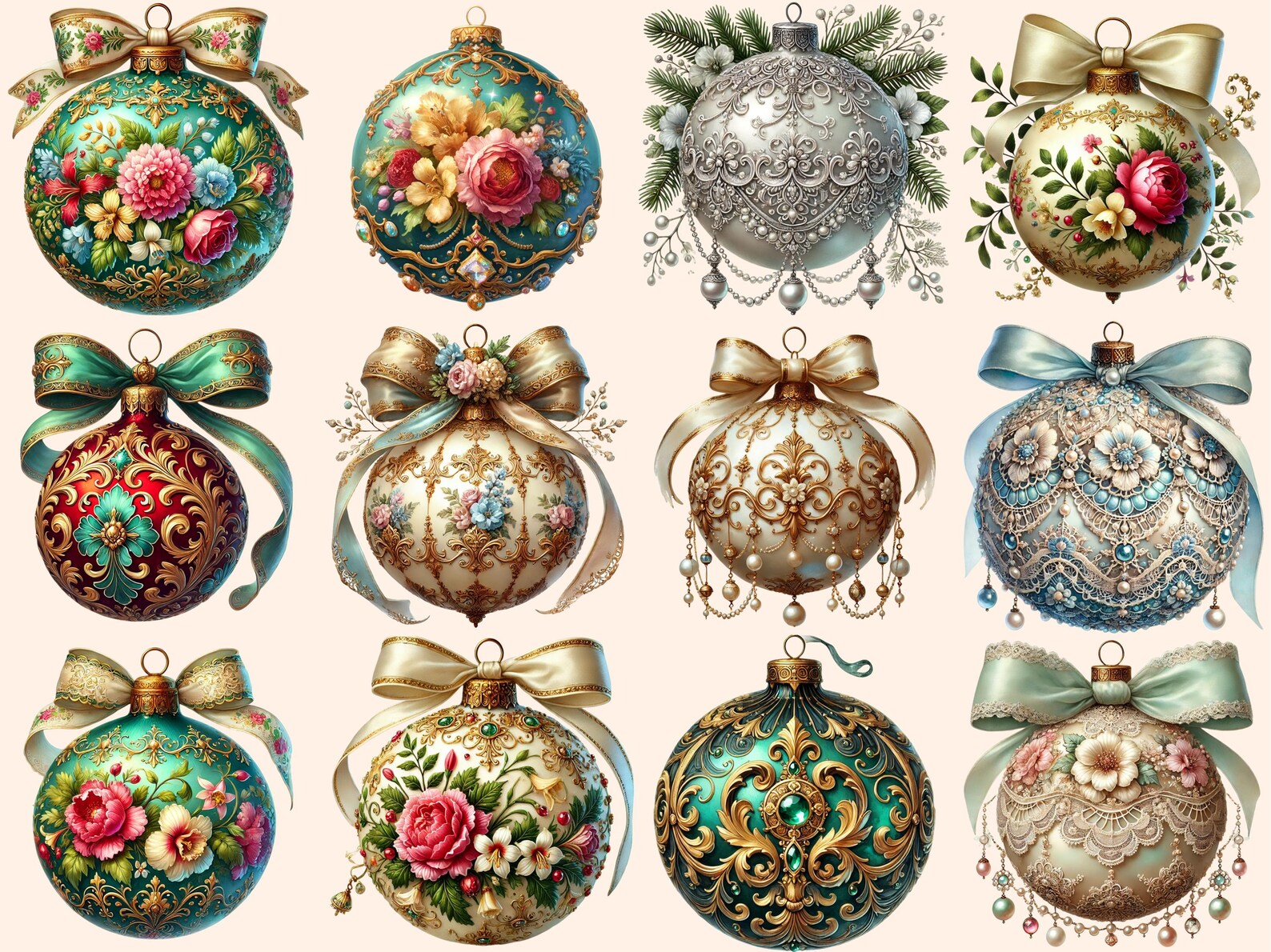 20 Vintage Christmas Ornaments Clipart - Retro Holiday PNG (digital ...