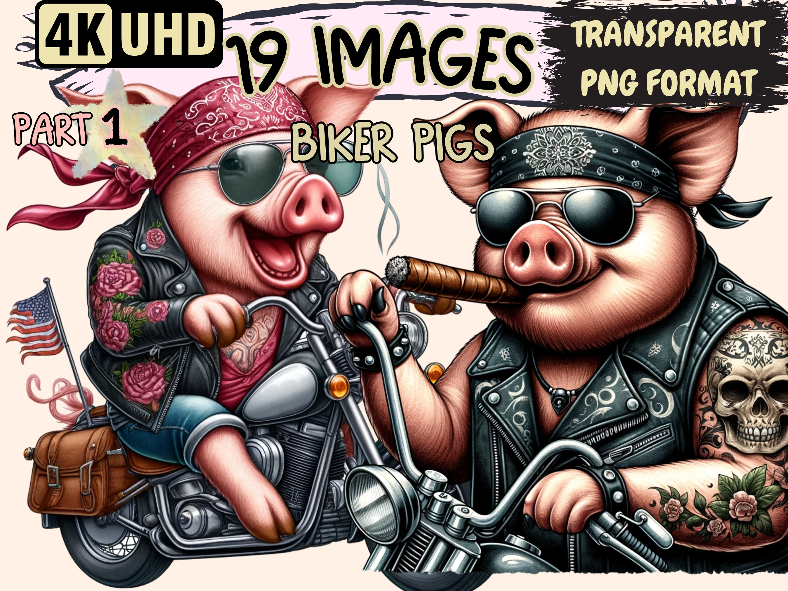 Biker Pigs Clipart Bundle – Motorcycle Piggy Graphics (digital Download ...