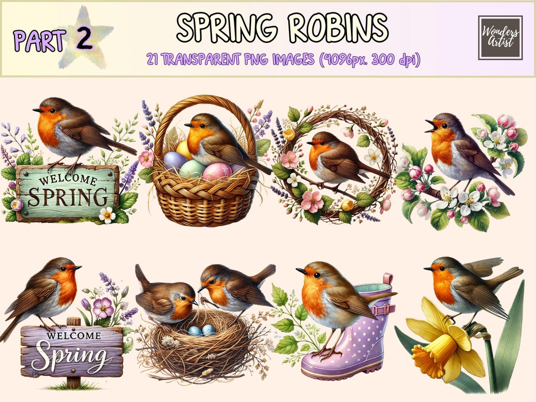 Spring Robins (P2) Clipart - 21 PNG Cute Springtime Bird Graphics ...