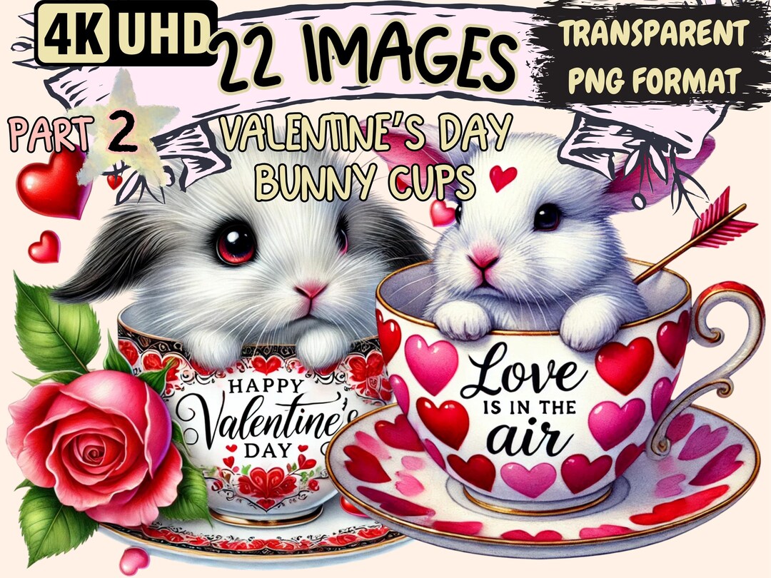 Valentine's Day Bunny Cups P2 Clipart 22 PNG Cute Rabbit Graphics, Love ...