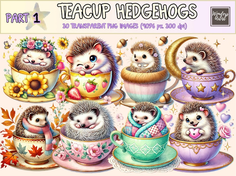Teacup Hedgehog Clipart: Kawaii Tea Party PNG Graphics (commercial Use ...