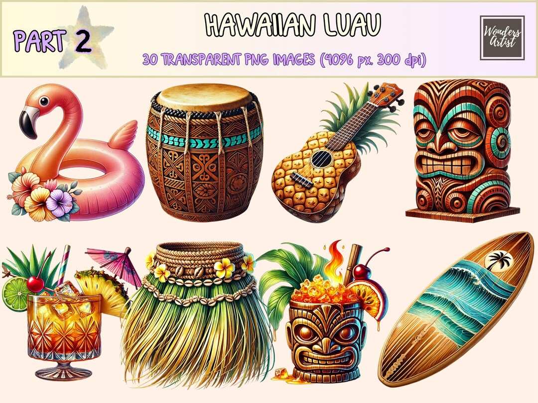 Hawaiian Luau (P2) Clipart - 30 PNG Tropical Summer Party Graphics ...