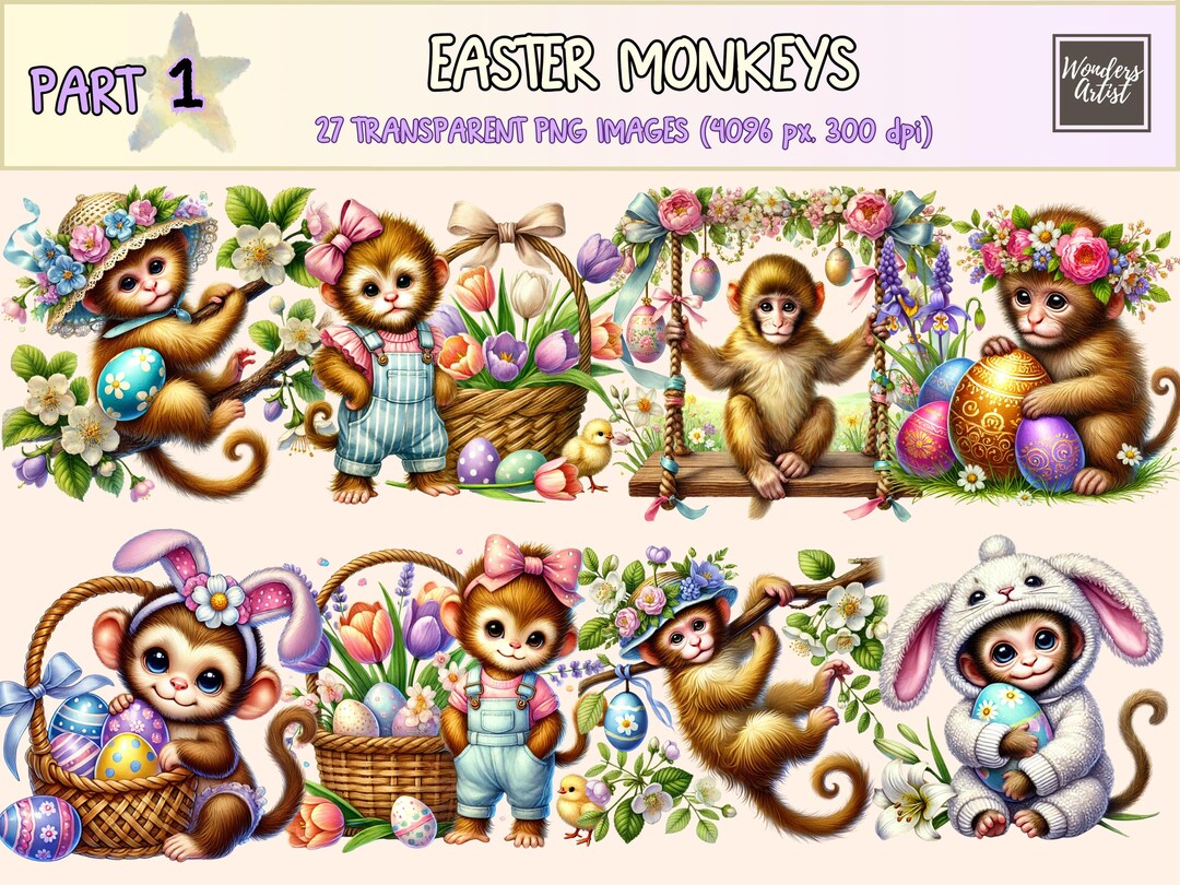 Easter Monkeys Clipart - 27 PNG Cute Spring Graphics, Festive ...