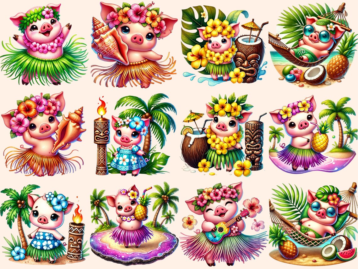Hula Pigs Clipart – 20 PNG Illustrations, Luau Party (digital Download ...