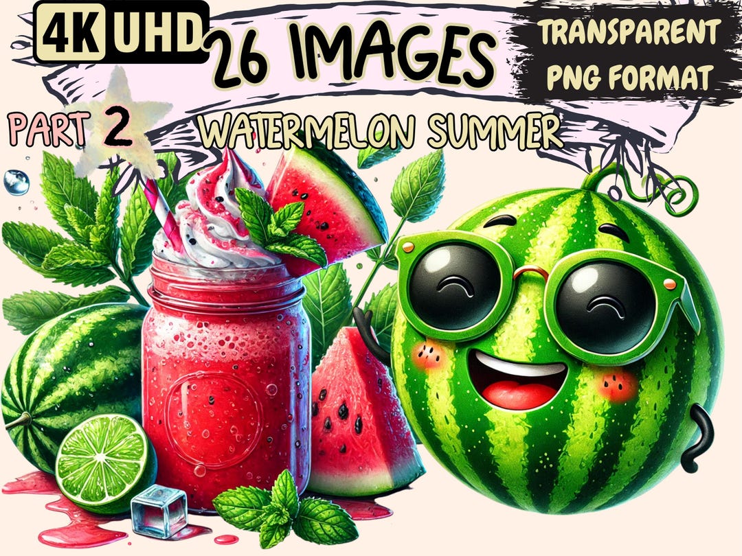 Watermelon Summer (P2) Clipart - 26 PNG Fruit-themed Graphics, Sweet ...