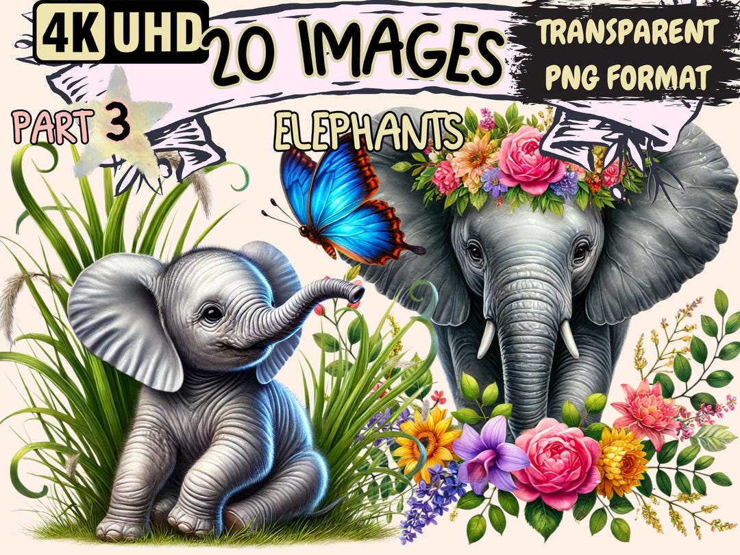 Elephants (P3) Clipart - 20 PNG Cute Elephant Graphics, Adorable Animal ...