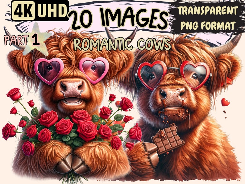 Romantic Cows Clipart - 20 PNG Valentine's Day Cows Graphics, Cute ...