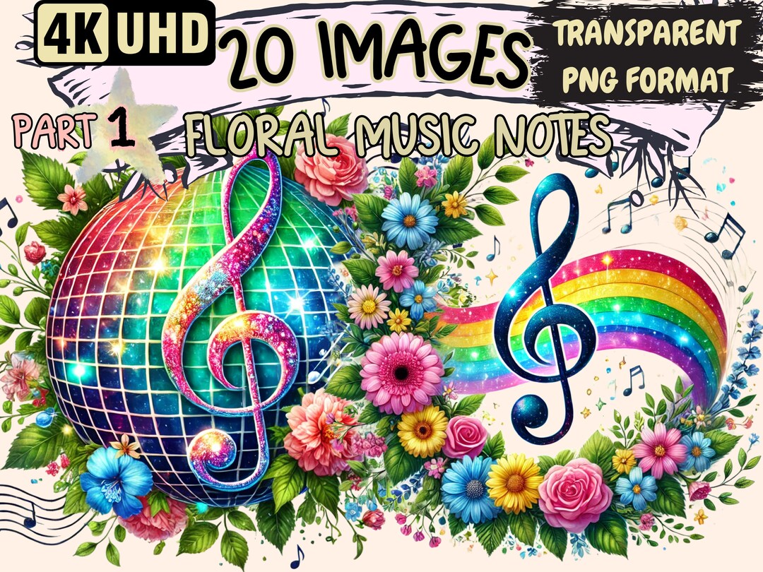 Floral Music Notes Clipart - 20 PNG Flower Note Illustrations, Musical ...