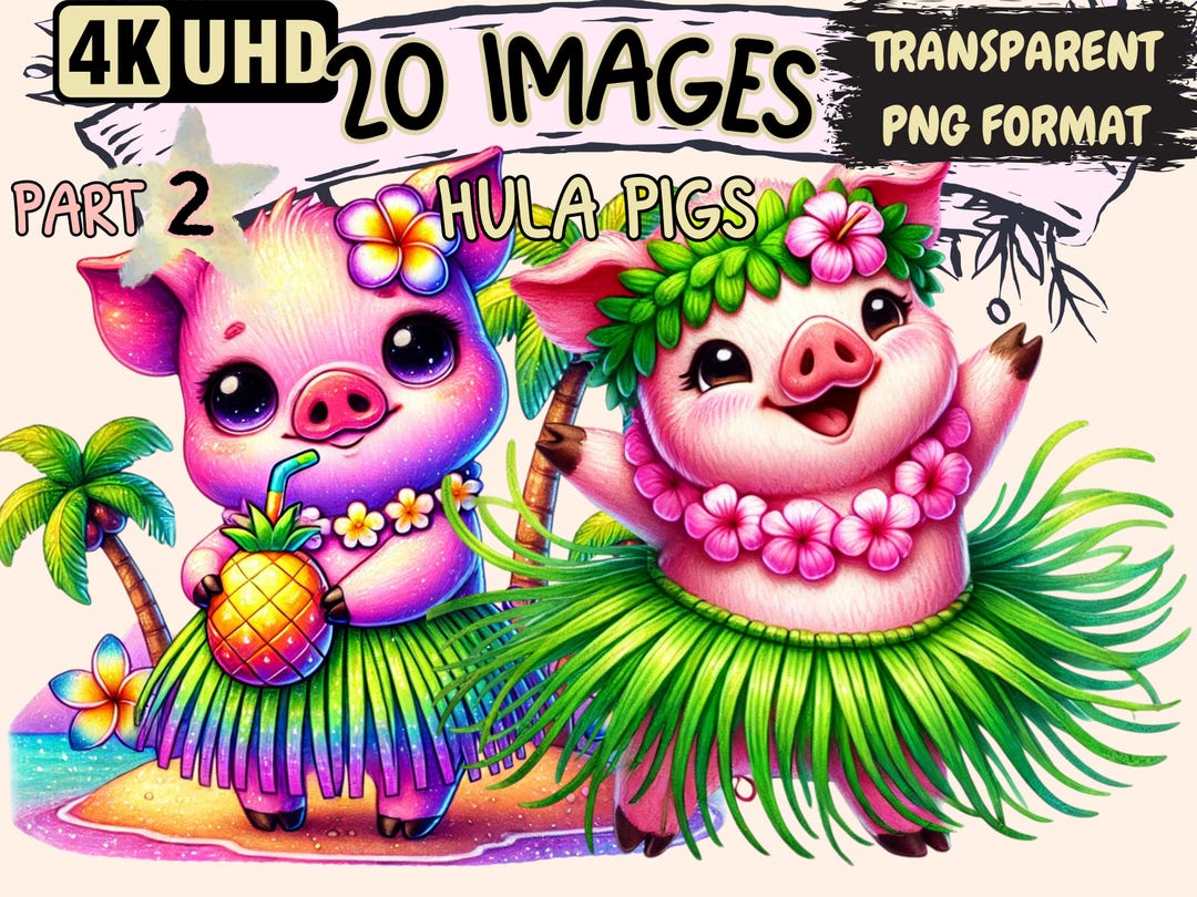 Hula Pigs (P2) Clipart - 20 PNG Dancing Pig Illustrations, Tropical ...