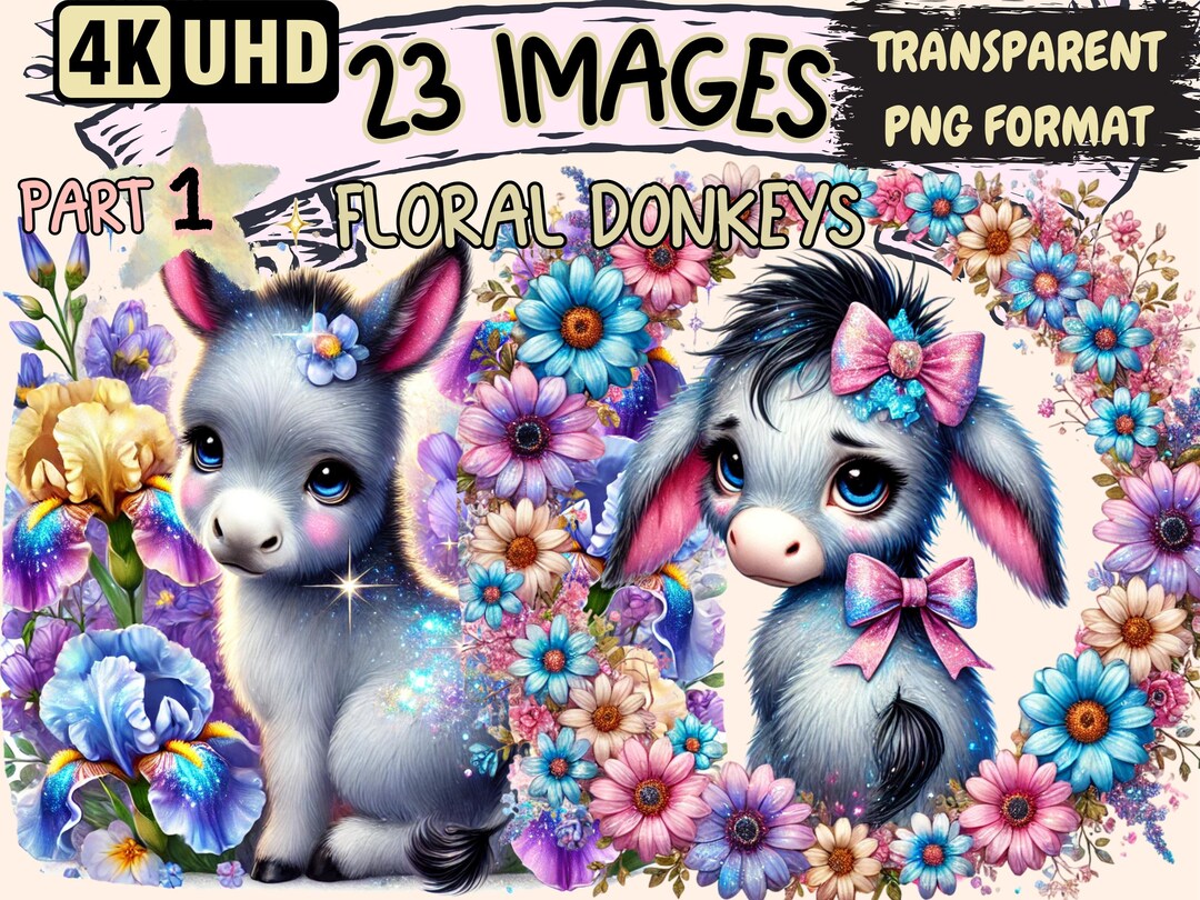Floral Donkeys Clipart - 23 PNG Flower Donkey Illustrations, Whimsical ...