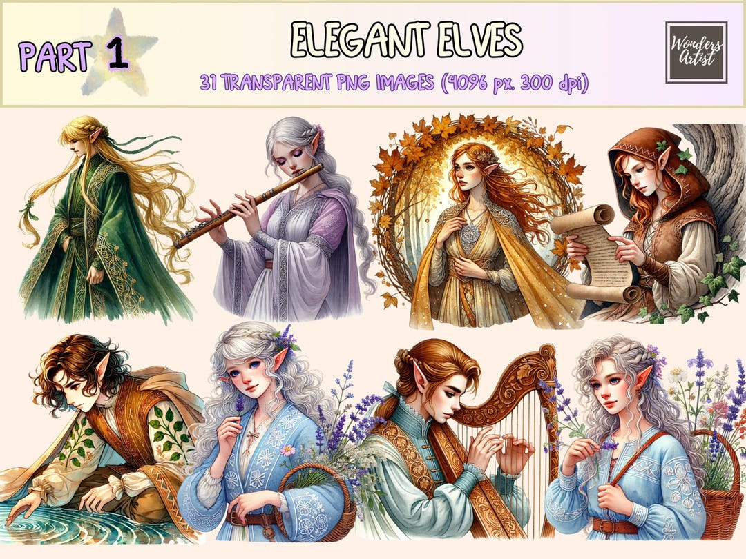 Elegant Elves Clipart - 31 PNG Fantasy Character Graphics, Mystical ...