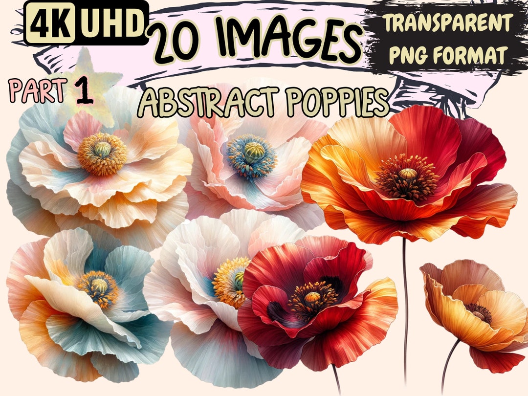 Abstract Poppies Clipart - 20 PNG Artistic Poppy Graphics, Floral Printables, Instant Digital ...