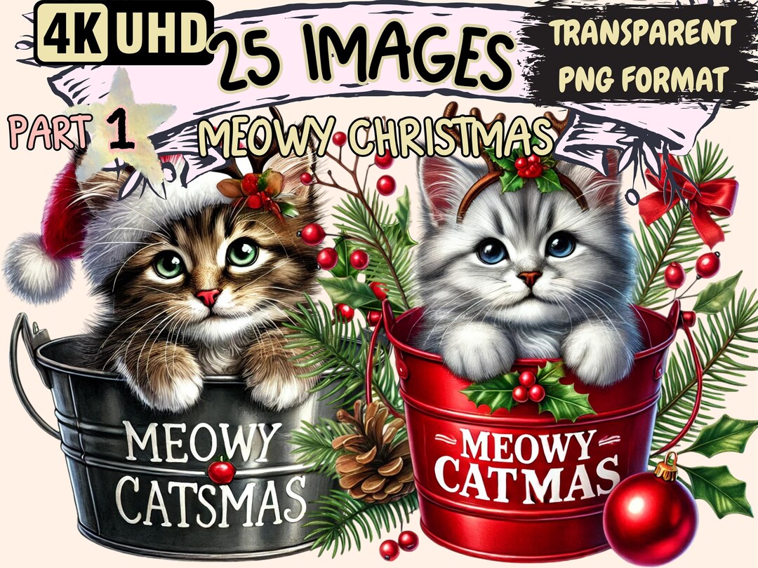 Meowy Christmas Clipart – Festive Cat Illustrations (25 PNG, Digital ...
