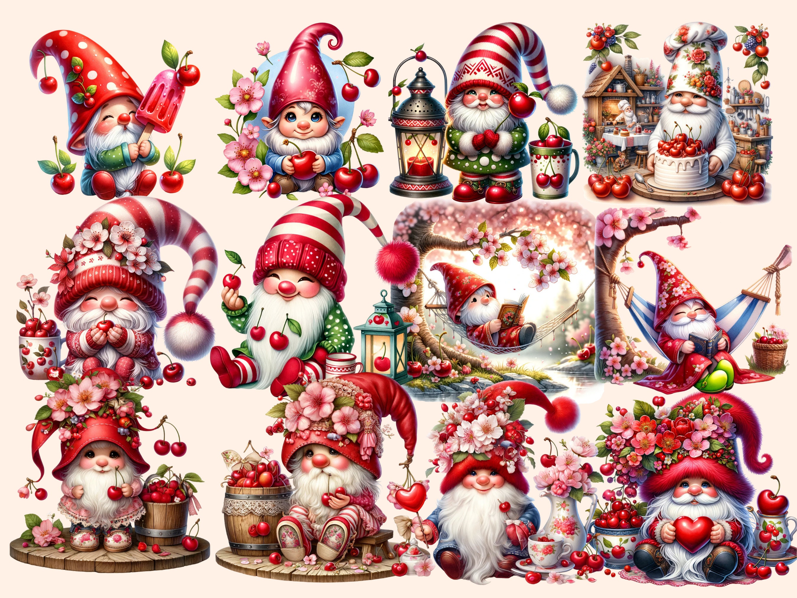 Cherry Gnomes Clipart Bundle 36 PNG Cherries Gnome Graphics, Adorable ...