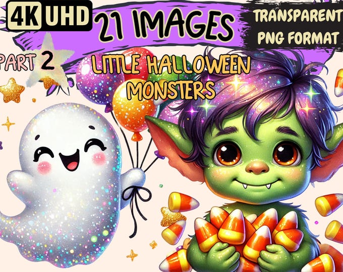 Little Halloween Monsters (P2) Clipart - 21 PNG Cute Illustrations ...