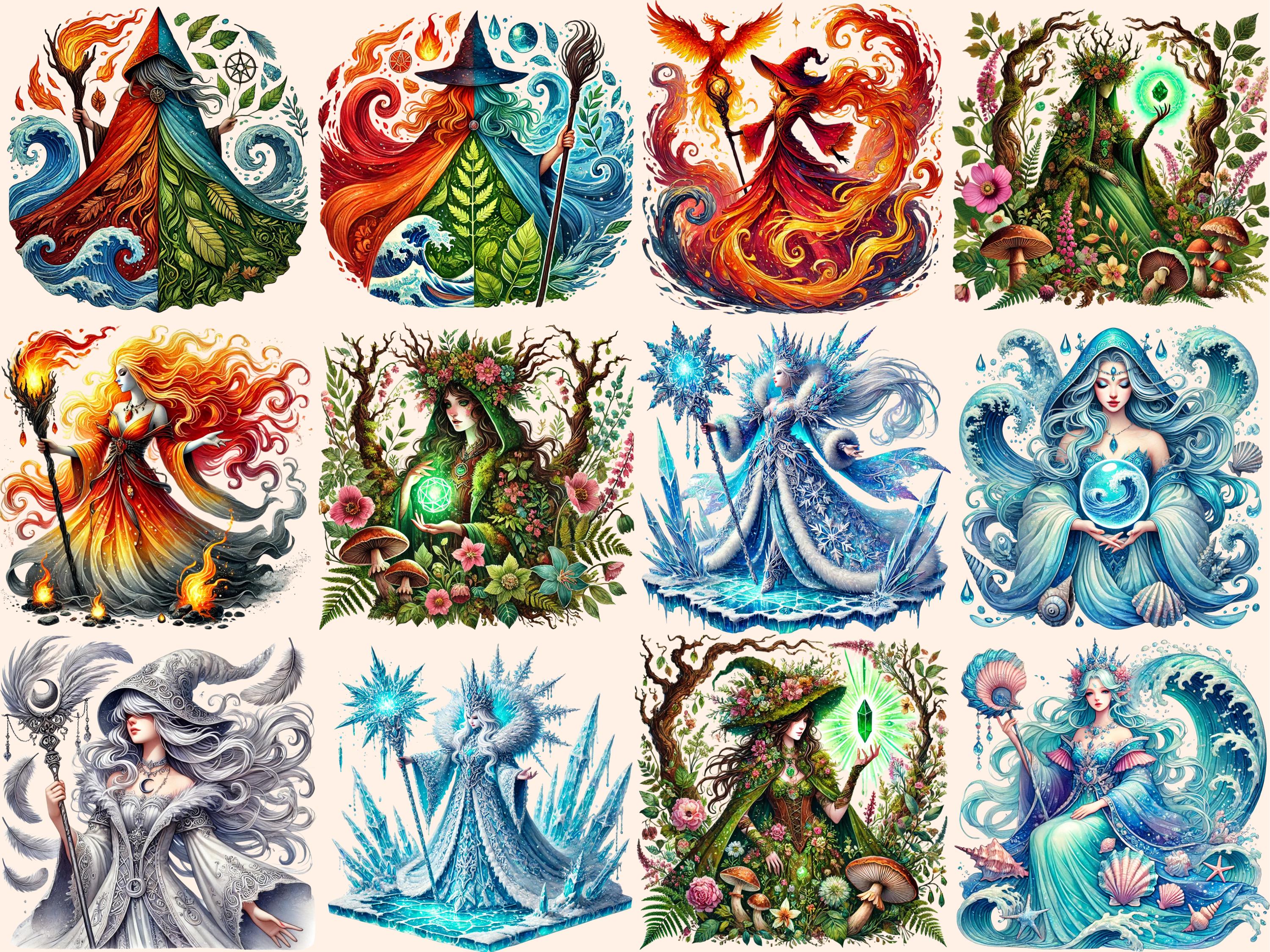 Elemental Witches Clipart – 33 PNG Mystical Illustrations (digital ...
