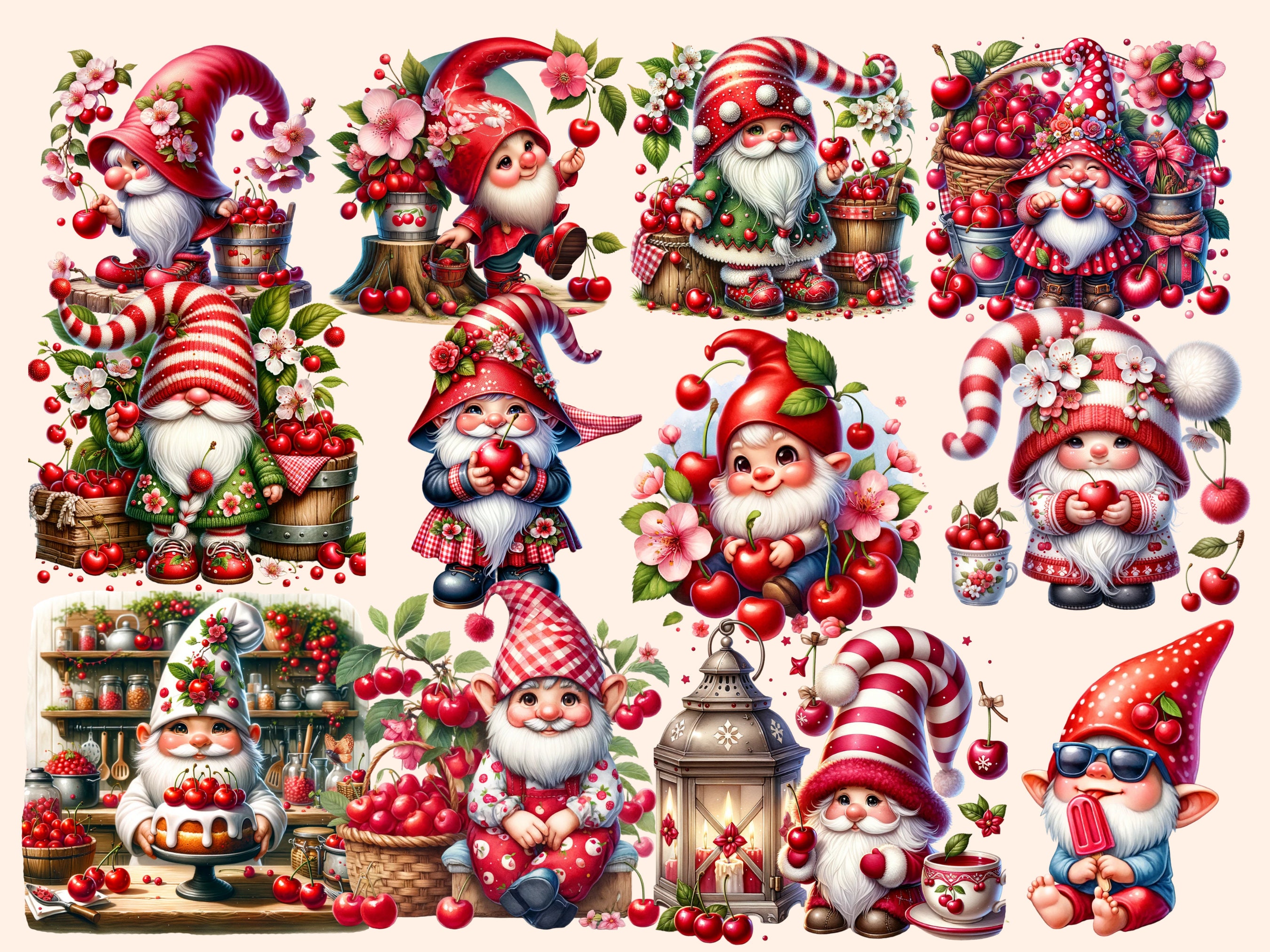 Cherry Gnomes Clipart Bundle 36 PNG Cherries Gnome Graphics, Adorable ...