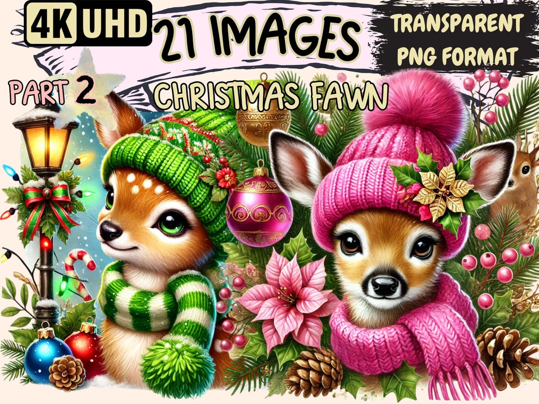 Christmas Fawn (P2) Clipart - 21 PNG Festive Deer Graphics, Holiday ...
