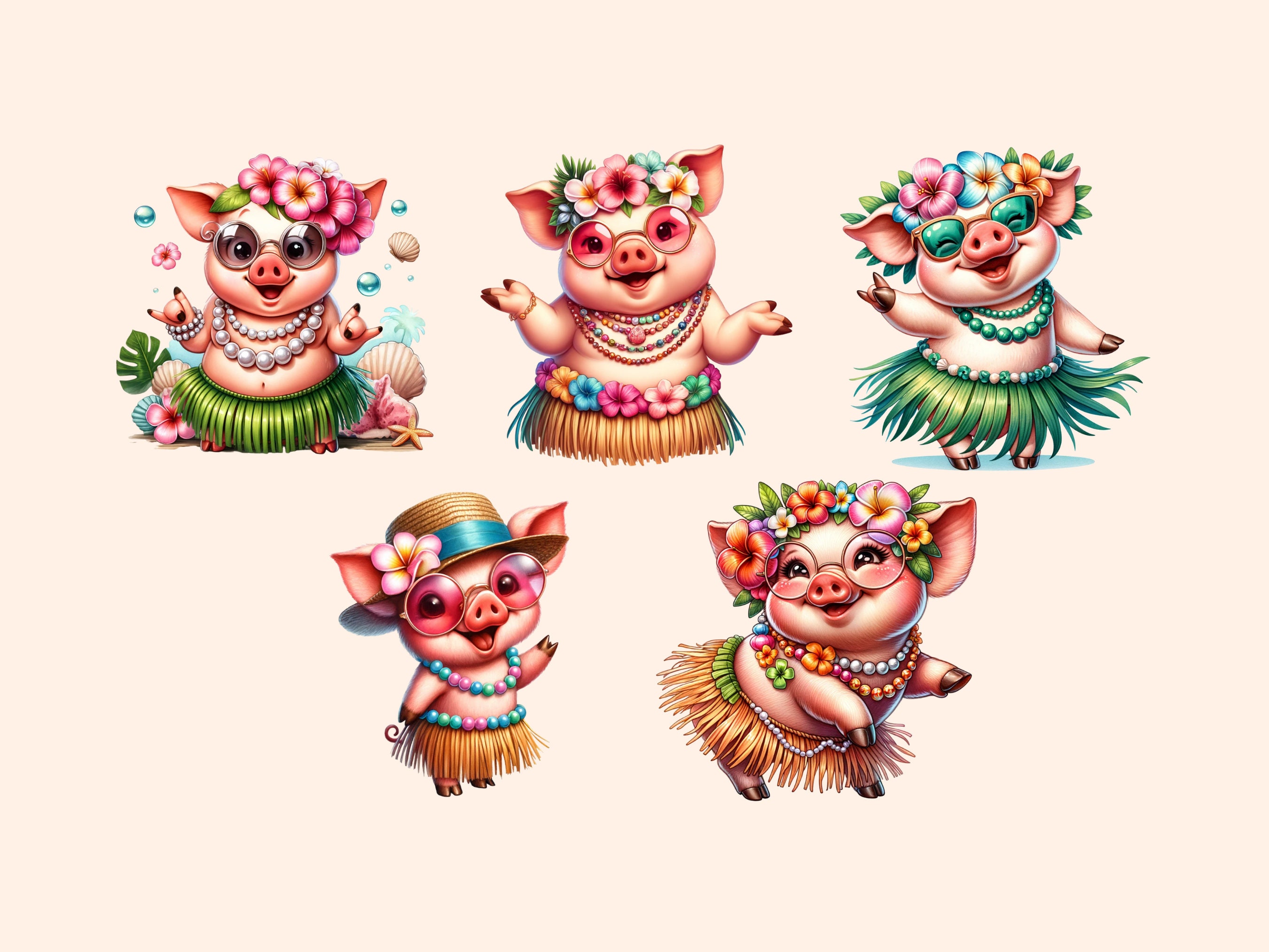 Hula Pigs Clipart 17 PNG Tropical Pig Graphics, Colorful Hawaii Piggy ...