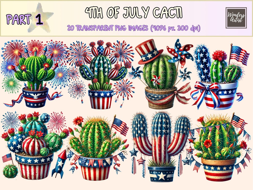 4th of July Cacti (P1) Clipart - 20 PNG Patriotic Cactus Graphics, Red ...