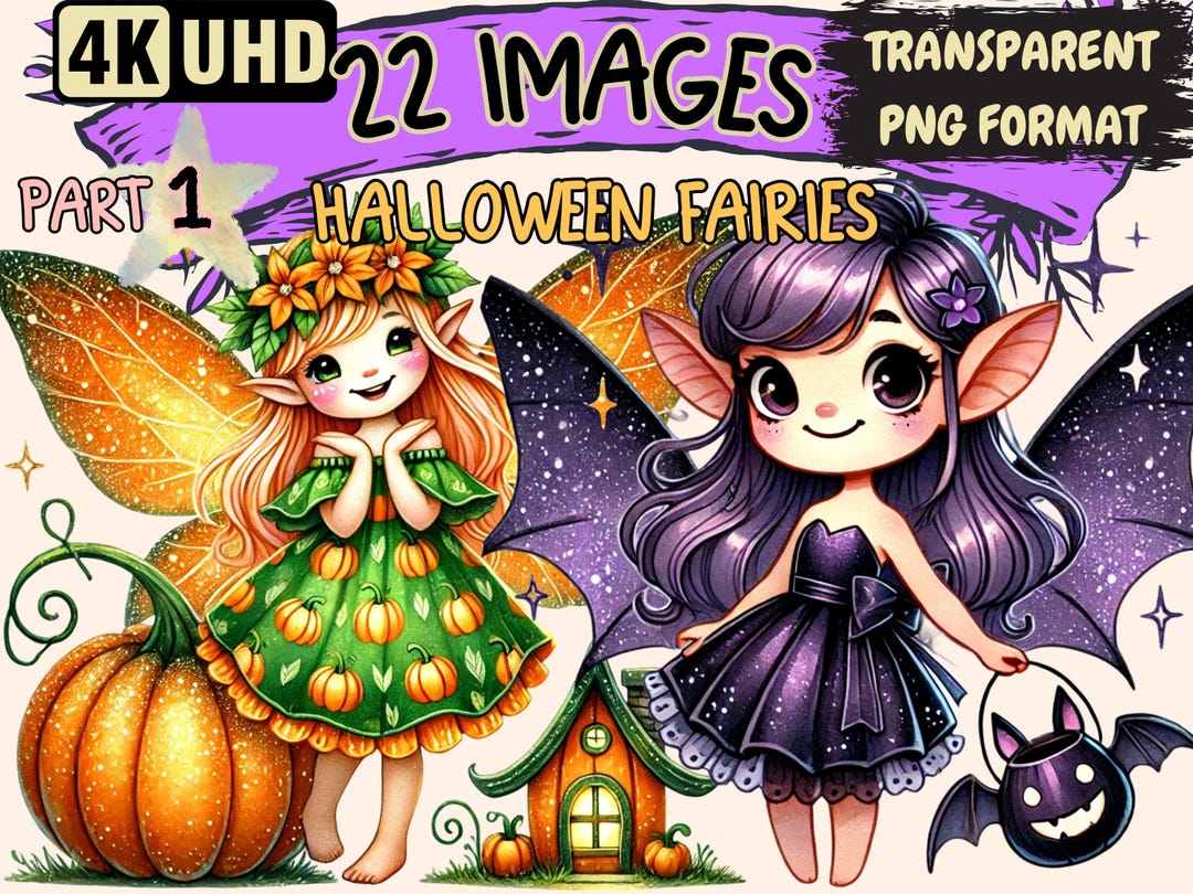 Halloween Fairies Clipart - 22 PNG Enchanting Spooky Illustrations ...