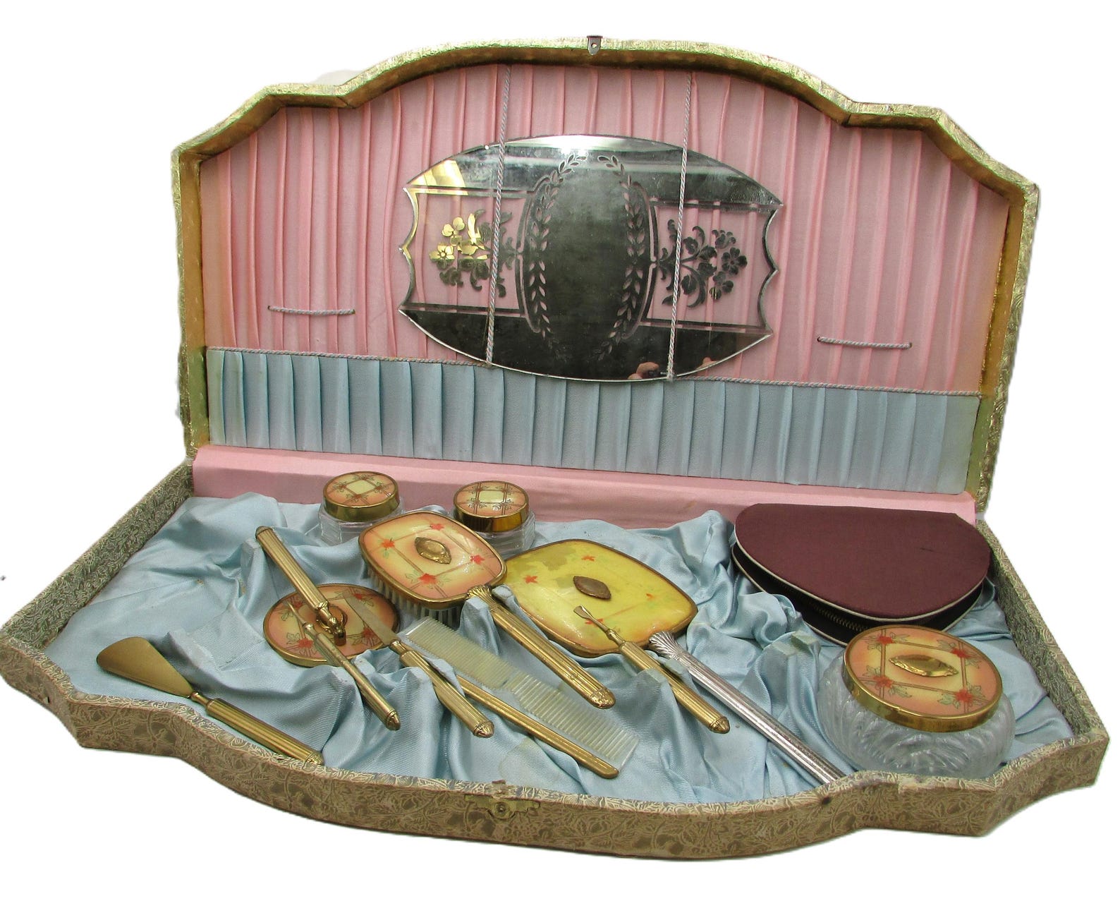 1950's Vintage Rare Art Deco Vanity Large Case Set With Travel Set ...